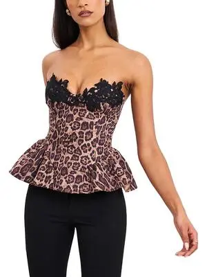 MISS CIRCLE Qiara Peplum Top With Lace Trim - Cheetah Print