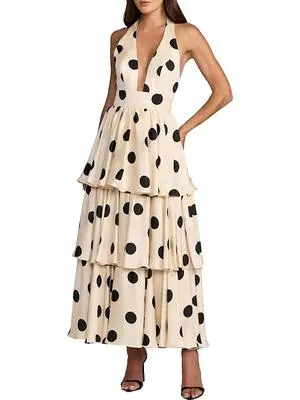 Mac Duggal Halter Neck Polka Dot Maxi Dress - Black Ivory