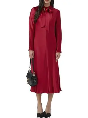 GHOST LONDON Stephanie Satin Tie Neck Midi Dress - Red