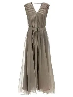 Brunello Cucinelli Pleated V-neck Silk Maxi Dress - Neutrals