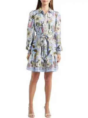 Anne Klein Floral Print Long Sleeve Satin Shirtdress - Surf Blue Multi
