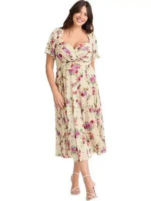 SCARLETT & JO Floral Bolero Wrap Bodice Midi Dress - Vintage Cream Rose