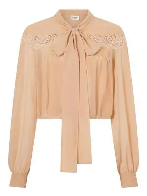 Saint Laurent Cropped Lace-trimmed Silk Blouse - Orange