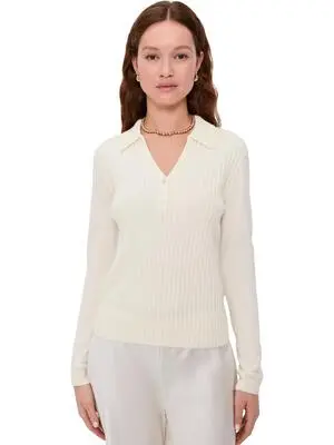 Theory Front Rib Collared Long Sleeve Top - New Ivory