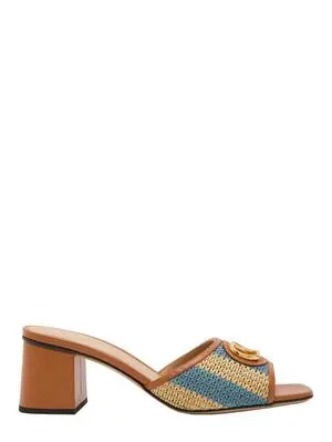 Valentino Garavani 60 Striped Raffia Leather Mules - Blue