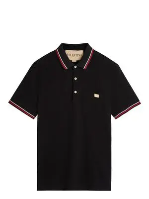Valentino Garavani Striped Trims Cotton Polo Shirt - Black