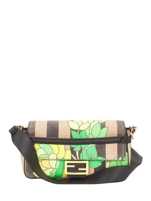 Fendi Nubuck Pequin Floral Baguette Shoulder Bag - Brown