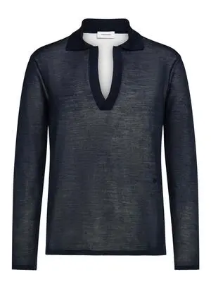 FERRAGAMO Long Sleeve Knitted Silk Polo Shirt - Blue
