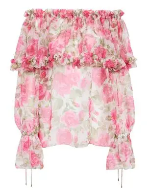 Chloé Off-the-shoulder Puff-sleeve Top - White Pink