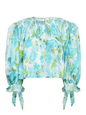 Chloé Gathered Floral Jacquard Cropped Top - White - Blue