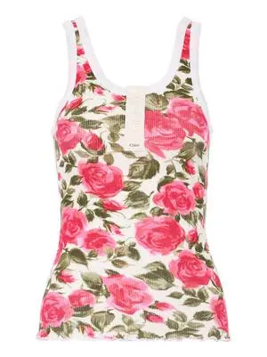 Chloé Henley Tank Top In Roses Print - White Pink