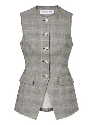 Veronica Beard Lois Checked Linen-blend Vest - Grey
