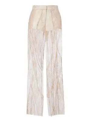 Blumarine Lace-trimmed Satin Wide-leg Pants - Beige