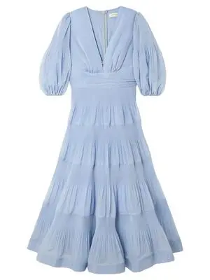 Zimmermann Tiered Plissé Silk-organza Midi Dress - Blue