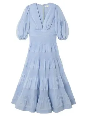 Zimmermann Tiered Plissé Silk-organza Midi Dress - Light Blue