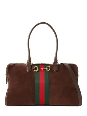 Gucci Embellished Leather And Webbing-trimmed Suede Shoulder Bag - Dark Brown
