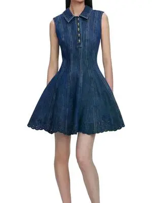 SELF-PORTRAIT Denim Broderie Anglaise Mini Dress - Blue