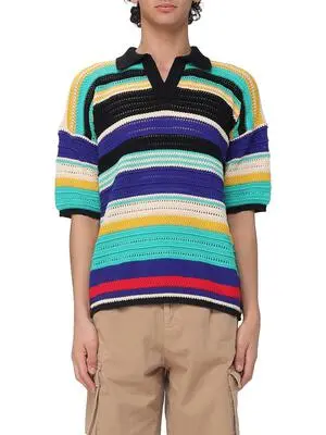 LANEUS Striped Interwoven Cotton Knit Polo Shirt Multicolor