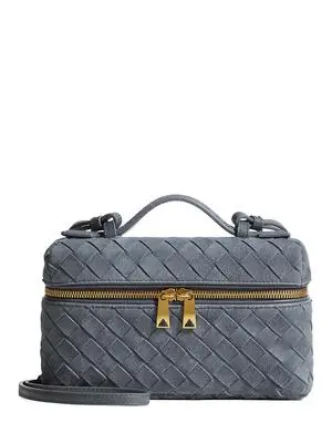 Bottega Veneta Intrecciato Suede Leather Vanity Case Cloudy Indigo/gravel