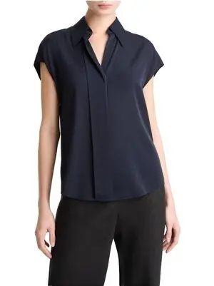 Vince Stretch-Silk Cap-Sleeve Blouse Black