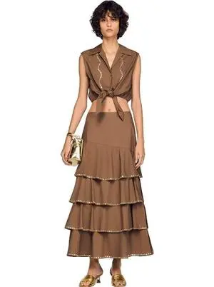 Sandro Maxi Tiered Ruffled Skirt With Rhinestone Embellishment - Brown