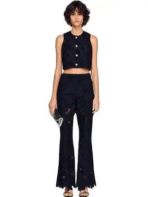 Sandro Embroidered Guipure Lace Crop Top - Black