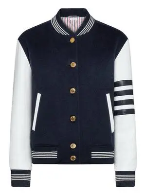 Thom Browne Relaxed Fit Varsity Jacket With Leather Sleeves - Blue