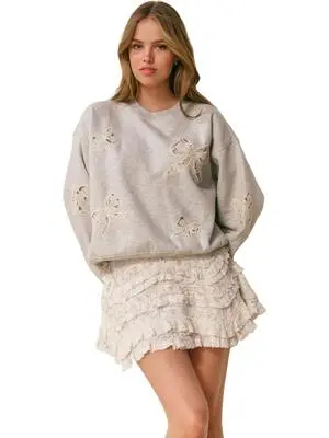 LoveShackFancy Linetta Lace Bow Pullover - Heather Grey