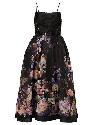 Zimmermann Luna Beaded Linen-silk Midi Dress - Black Multi Floral