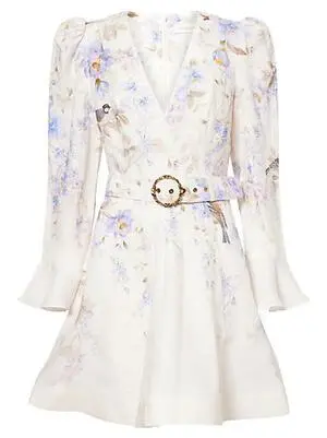 Zimmermann Luna Plunge Linen Mini Dress - Blue Songbird