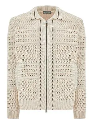 Canali Cotton Crochet Zip-up Cardigan - White
