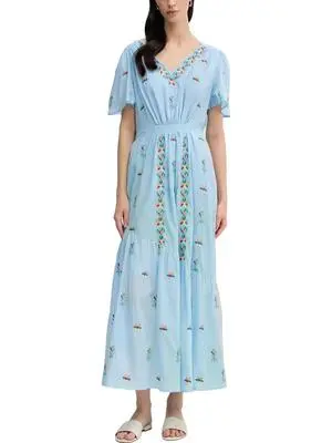 LA PETITE FRANÇAISE Embroidered V-neck Maxi Dress - Blue