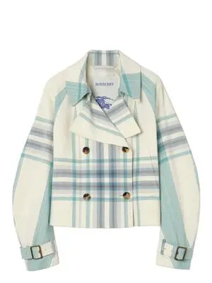 Burberry Cropped Check Ladybrook Trench Jacket - Tidal Blue