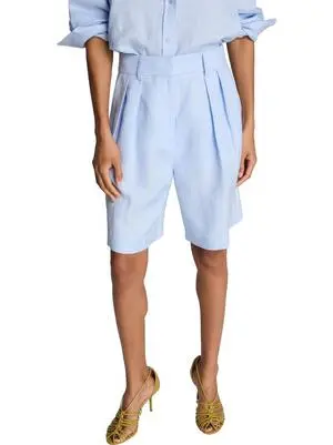 KENNETH COLE Pleated Linen Bermuda Shorts Blue Dawn