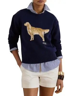 Ralph Lauren Golden Retriever Intarsia Cotton Sweater - Refined Navy Blue/multi