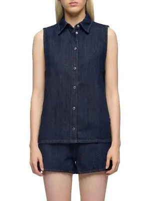 7 For All Mankind Sleeveless Cotton & Linen Denim Shirt - Blossom