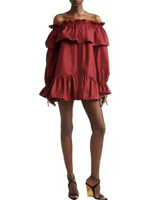 Saint Laurent Long Sleeve Ruffle Minidress - Rouge Fonce