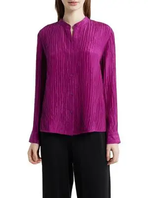 Eileen Fisher Mandarin Collar Silk Button-up Shirt - Berry Bloom
