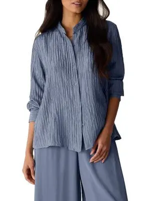 Eileen Fisher Mandarin Collar Silk Button-up Shirt - Flint