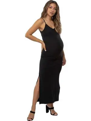 PINKBLUSH Ribbed Side Slit Maxi Dress - Black