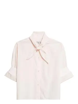 TWP Tie-neck Button-up Crop Top - Sheer Pink