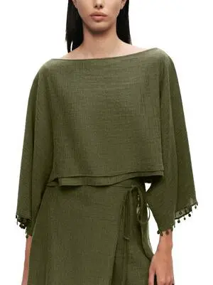 NOCTURNE Cropped Boat-neck Blouse - Khaki