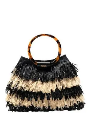 FRANCES VALENTINE Tiered Raffia Fringe Tote - Black/natural