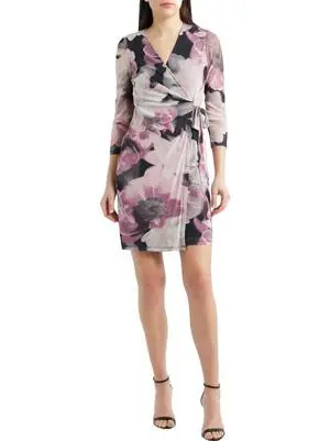 Anne Klein Floral Print Wrap Mini Dress - Anne Black Multi