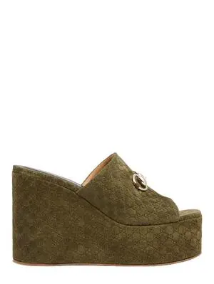 Gucci Wedge Sandal With Horsebit And Gg Canvas - Green