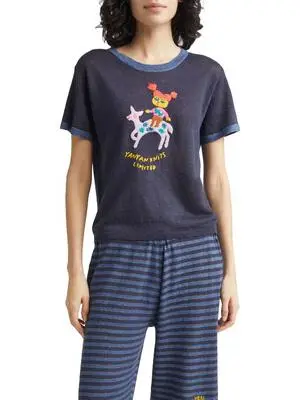 YANYAN Campus Wawa Embroidered Linen Ringer T-shirt - Ink