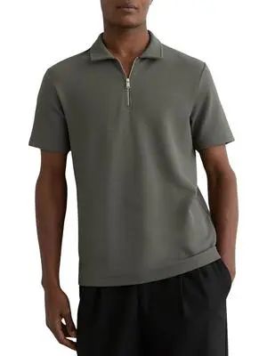 REISS Forno Textured Quarter Zip Polo - Sage Green