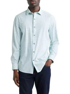 Johnston & Murphy Xc Motion Performance Knit Button-up Shirt - Green Windowpane
