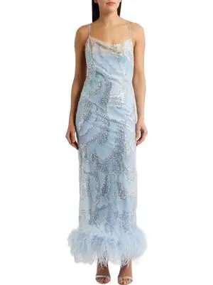 DELFI COLLECTIVE Sequin And Feather Hem Gown - Baby Blue