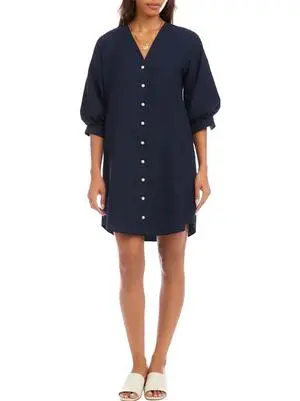 Karen Kane Puff Sleeve Button-up Dress - Navy